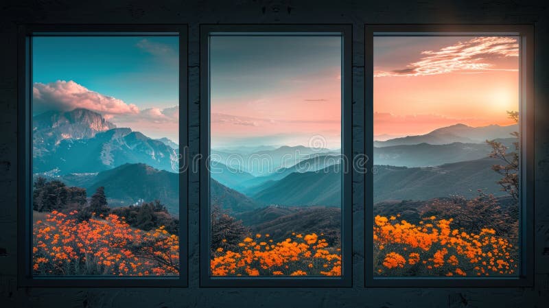 Three Windows with Mountains in the Background Stock Photo - Image of ...