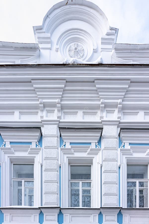 Three Windows of the Old 19th Century Mansion with Blue and White Walls ...