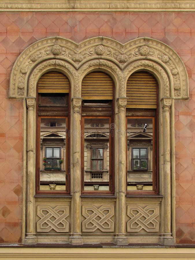Three Windows with Reflection from the Other Side of the Street Stock ...