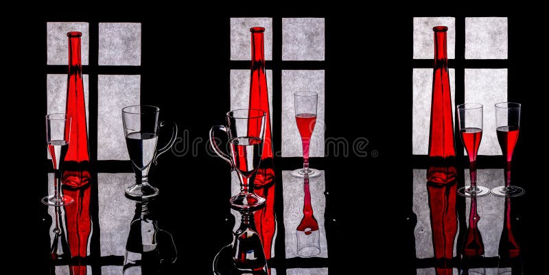 Three Windows - Still Life with a Red Bottle and Glasses with Liquid on ...