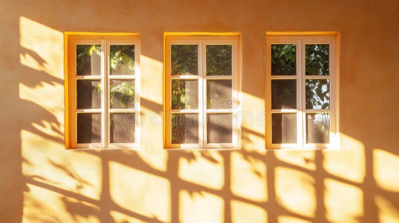 Three Windows with a View and Sunlit Shadows on a Tan Wall Stock ...