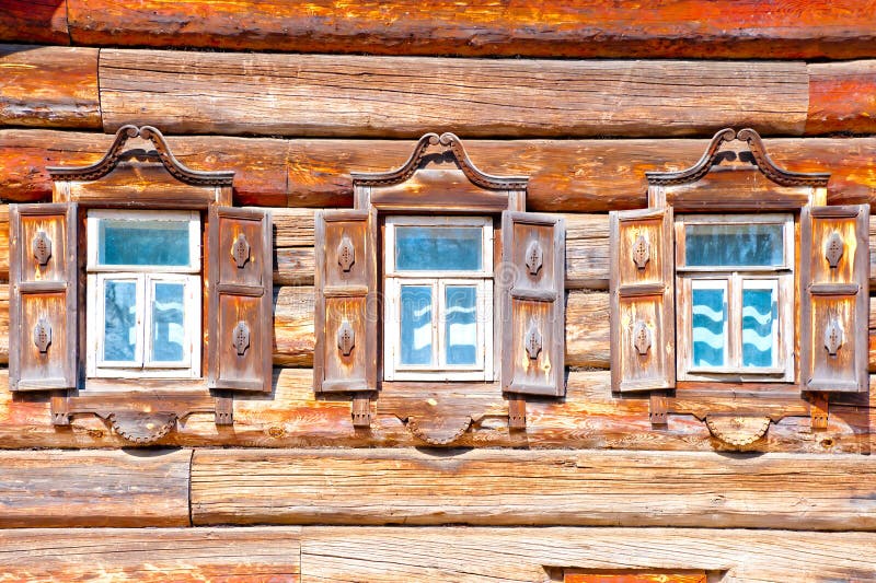 Three Windows with Wooden House of Russian Style Stock Image - Image of ...