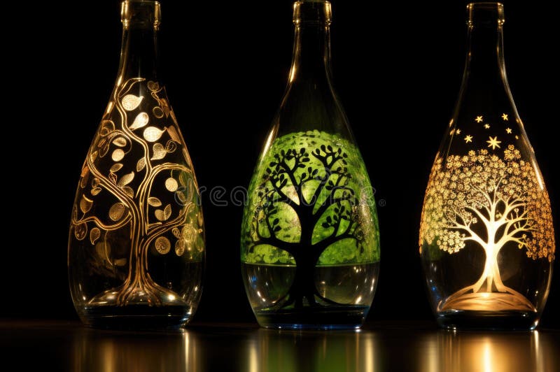 Three Wine Bottles with Trees Painted on Them. AI Stock Illustration ...
