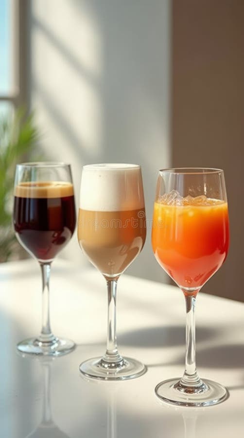 Three Wine Glasses Filled with Coffee, Latte, and Dark Stout Stock ...