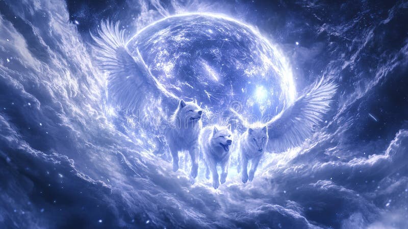 Three Winged White Wolves Soar Amidst Celestial Clouds and a Luminous ...