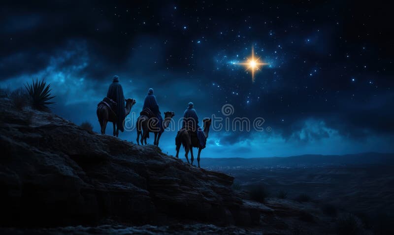 Three Wise Men Following Bright Star in Night Sky Over Desert Landscape ...