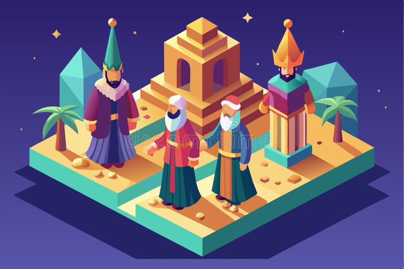Three Wise Men Gather at a Desert Location, Featuring Pyramids and Palm ...