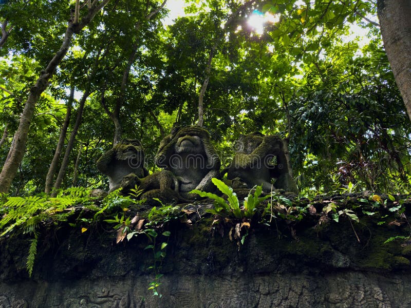 Three Wise Monkey Statues in a Forest. Stock Photo - Image of mystical ...