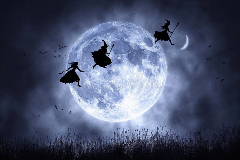 Three Witches are Flying in Front of a Full Moon, Casting a Spell As ...
