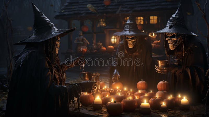 Three Witches Light Candles in Front of a Large, Witch-like Home, AI ...