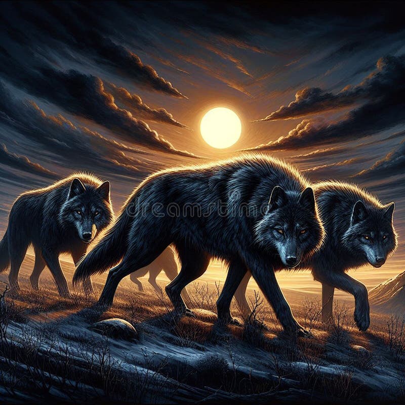 Three Wolf Cubs Walking on the Grass with the Moon Behind Them Stock ...