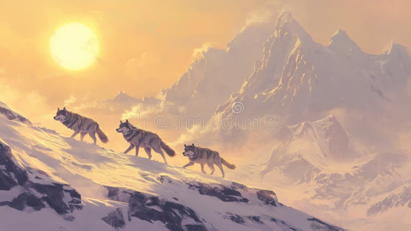 Three Wolves Ascend a Snowy Mountain at Sunset Stock Illustration ...