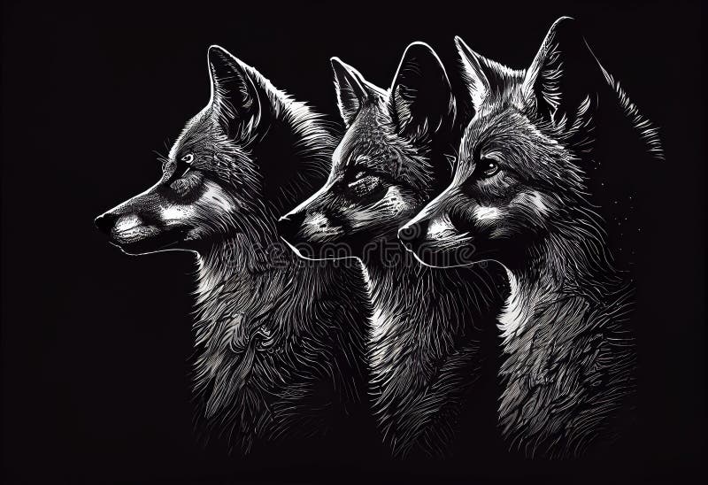 Three Wolves on a Black Background. Generative AI. Stock Illustration ...