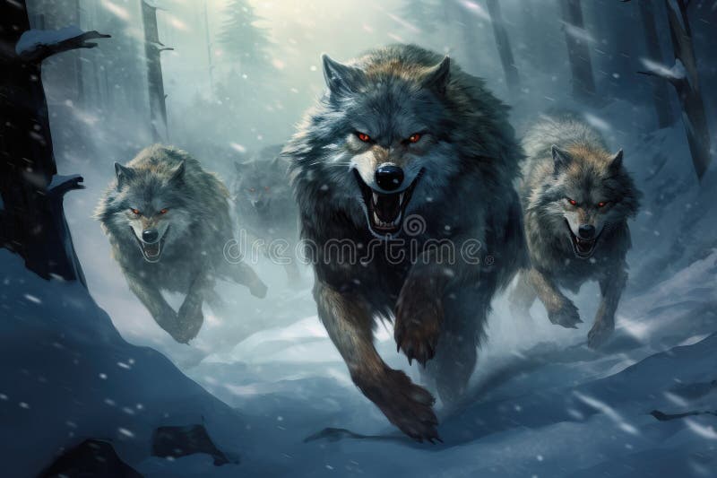 Three Wolves in Full Sprint, Gracefully Navigating through a Snowy ...