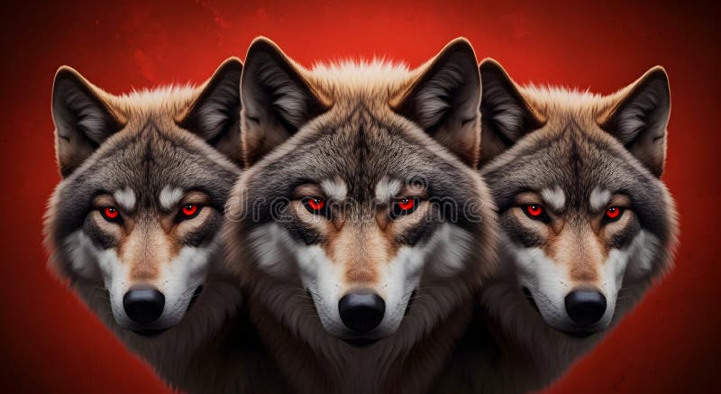 Three Wolves with Glowing Red Eyes on Red Background Stock Illustration ...