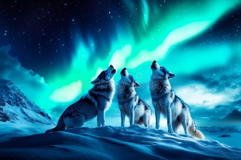 Three Wolves Howling at the Northern Lights Stock Image - Image of ...
