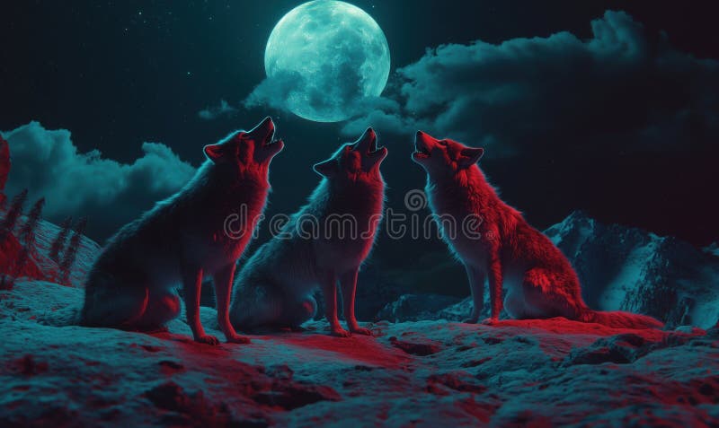 Three Wolves Howling at a Full Moon in a Dramatic Night Landscape with ...