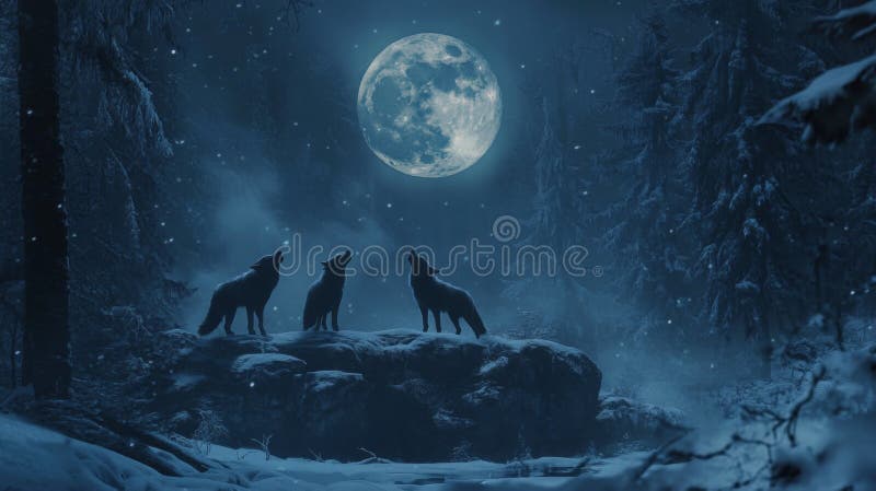 Three Wolves Howling at the Full Moon in a Snowy Forest Stock ...