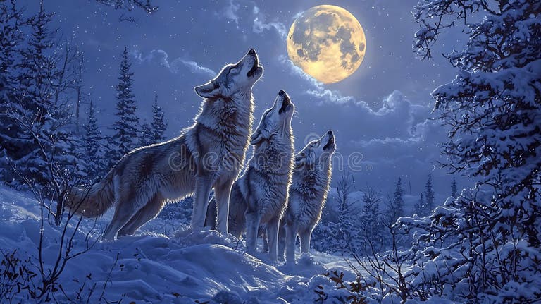 Three Wolves Howling at a Full Moon in a Snowy Landscape Stock ...