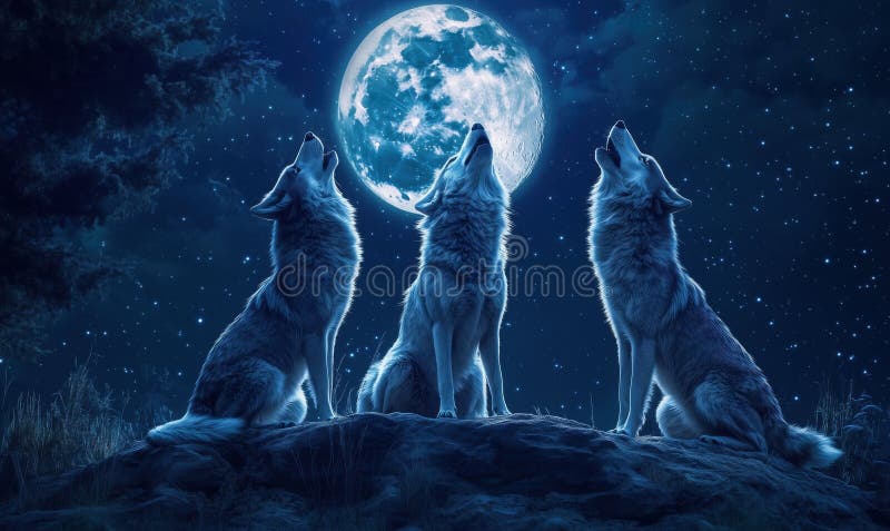 Three Wolves Howling at a Full Moon in a Starry Night Sky Stock Photo ...