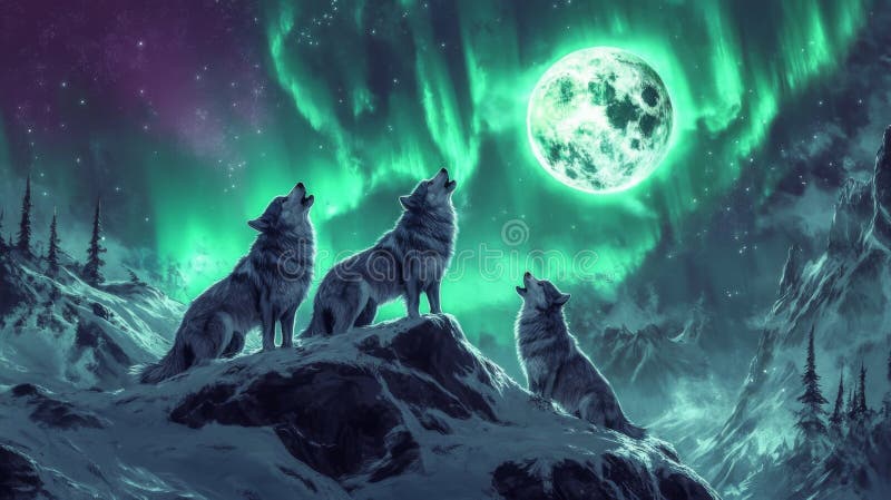 Three Wolves Howling at the Full Moon Under an Aurora Borealis Stock ...