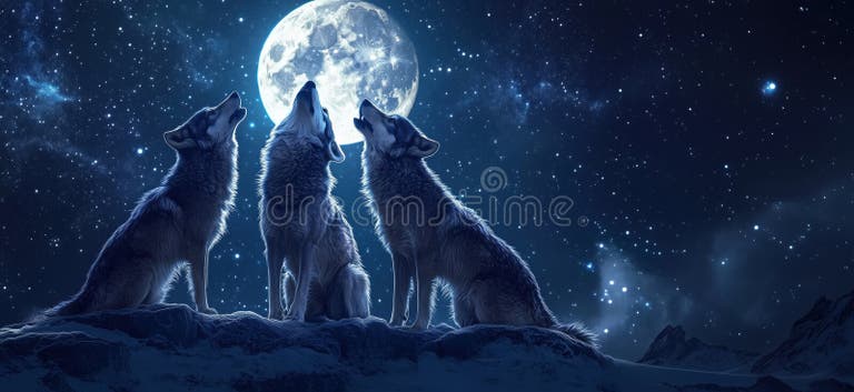 Three Wolves Howling at a Full Moon Under a Starry Night Sky, Copy ...