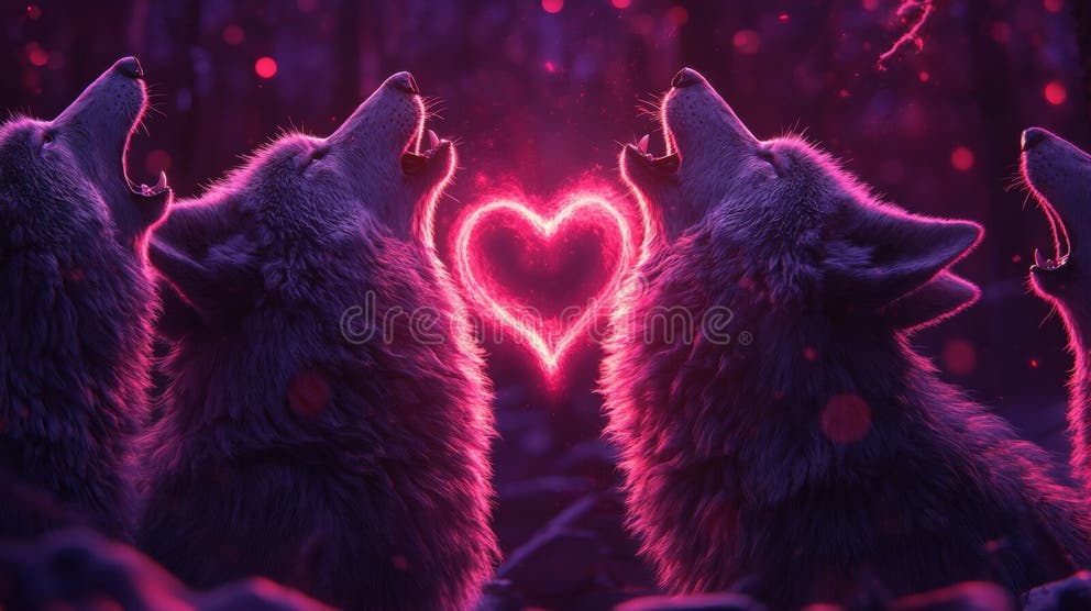 Three Wolves Howling at a Heart Shaped Light Stock Illustration ...