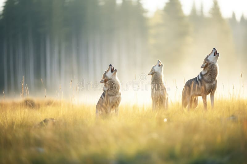 Three Wolves Howling on a Misty Meadow Stock Illustration ...