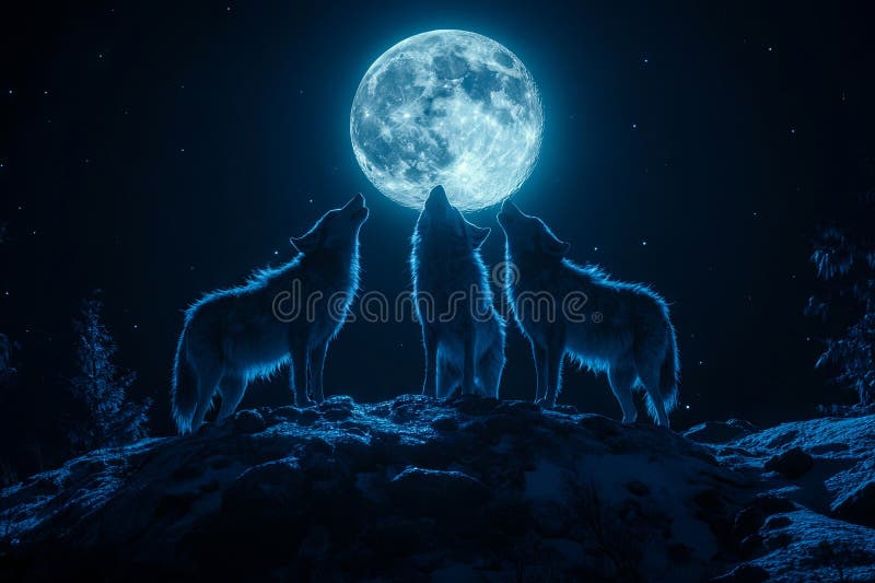 Three Wolves Howling at the Moon Stock Image - Image of rocky, open ...