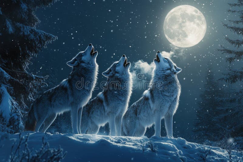 Three Wolves Howling at the Moon Stock Illustration - Illustration of ...