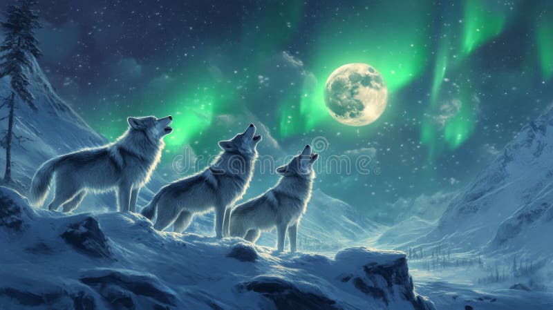 Three Wolves Howling at the Moon Under a Green Aurora Borealis Stock ...