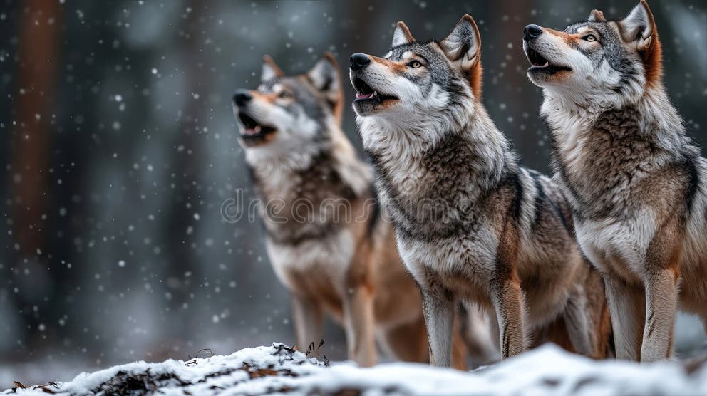 Three Wolves Howling in the Snow Stock Image - Image of wooded, wolves ...
