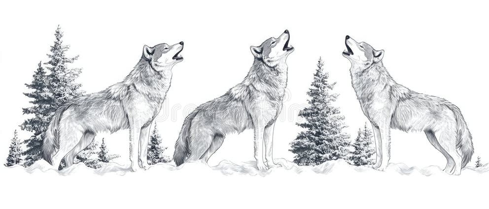 Three Wolves Howling in Snowy Forest Stock Illustration - Illustration ...
