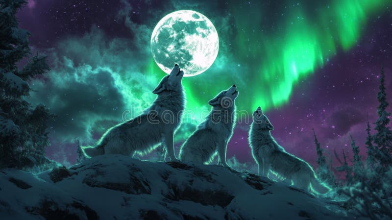 Three Wolves Howling Under a Full Moon and Northern Lights Stock ...