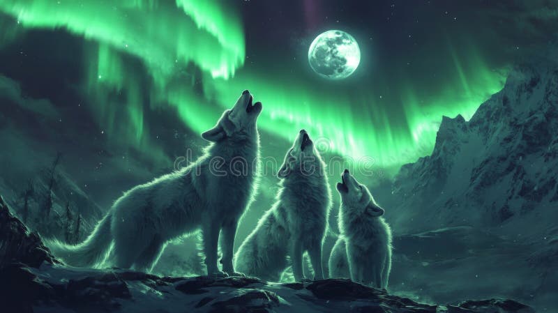 Three Wolves Howling Under the Northern Lights and a Full Moon Stock ...
