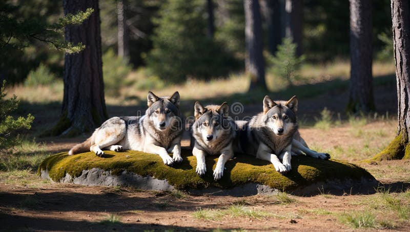 Three Wolves Resting on a Moss-covered Rock in a Serene Forest during ...