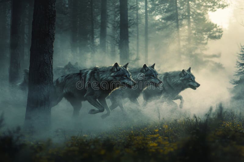 Three Wolves Running through a Forest Stock Illustration - Illustration ...