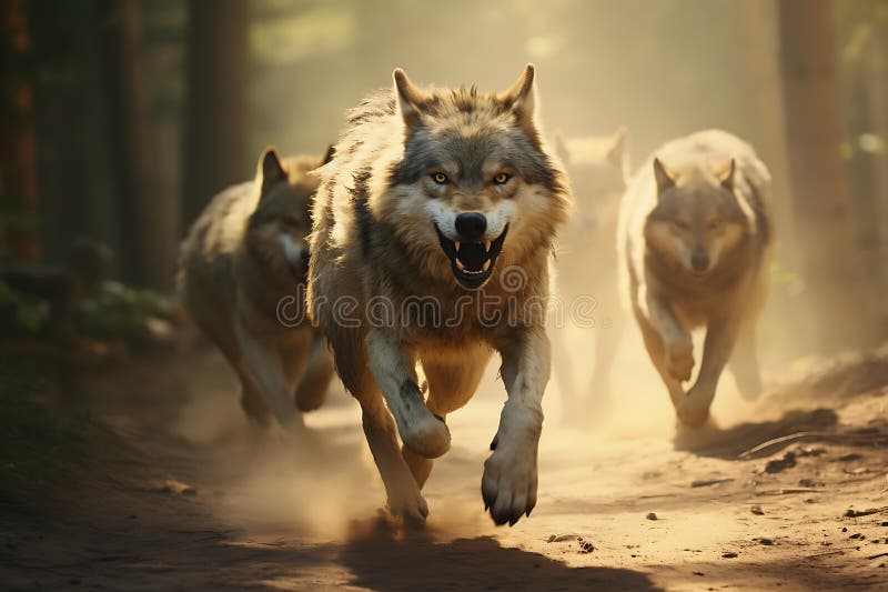 Three Wolves Running in the Forest at Sunset. Concept of Wild Animals ...