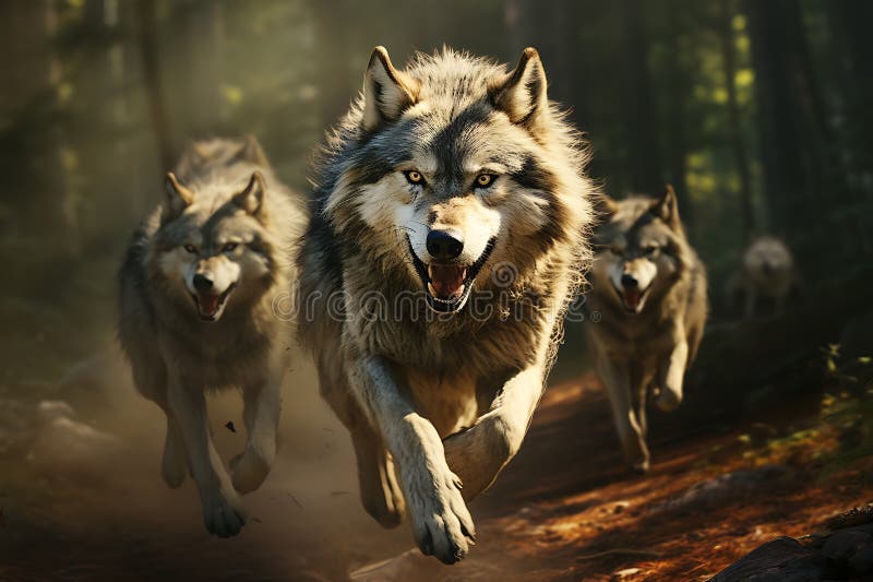 Three Wolves Running in the Forest at Sunset. Concept of Wild Animals ...