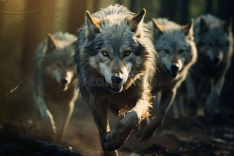 Three Wolves Running in the Forest at Sunset. Concept of Wild Animals ...