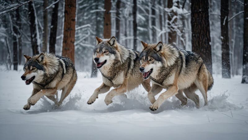 Three Wolves Running through a Snowy Forest, Showcasing Their Agility ...
