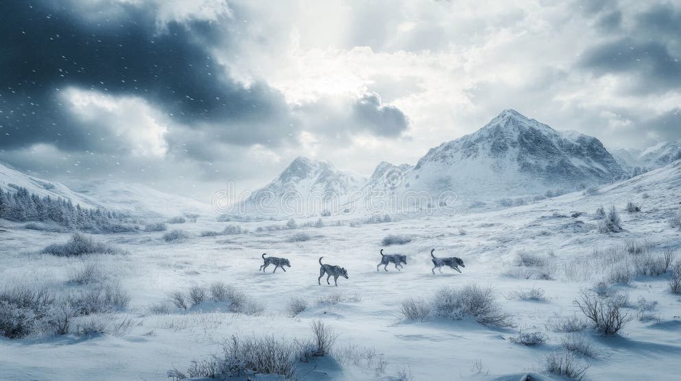 Three Wolves Running through Snowy Mountain Valley Stock Illustration ...