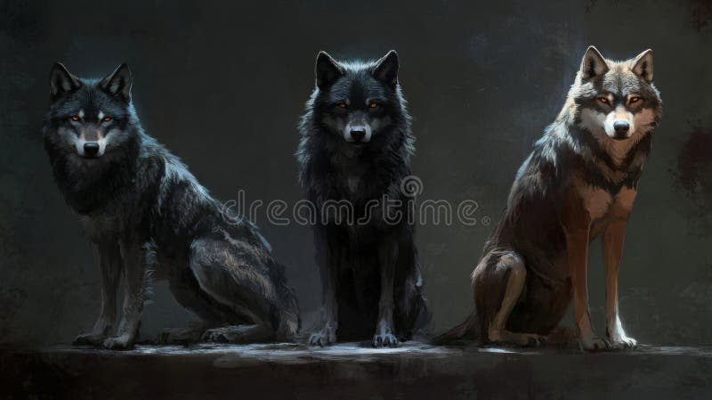 Three Wolves Sitting in Dark Background Digital Art Stock Illustration ...