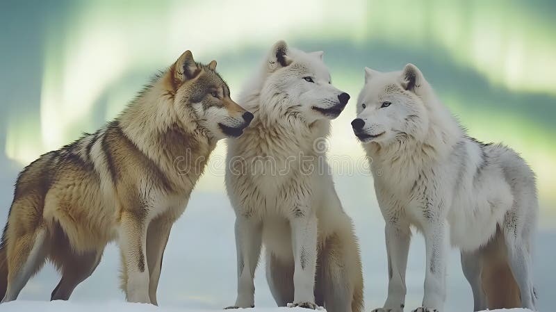 Three Wolves Stand on a Snowy Landscape Against a Backdrop of the ...