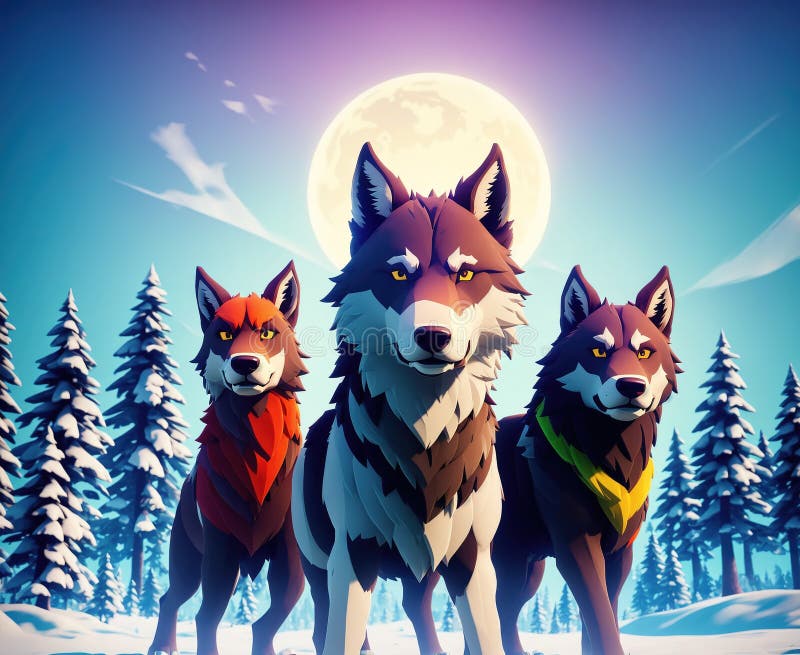 Three Wolves Standing in the Snow, Looking Up at the Moon. Stock Photo ...