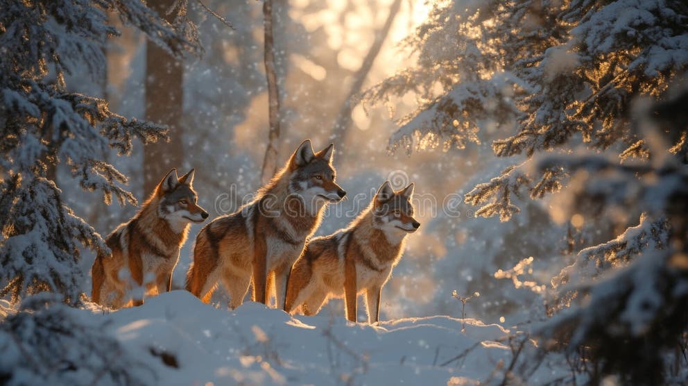 Three Wolves Standing in a Snowy Forest at Sunset Stock Illustration ...