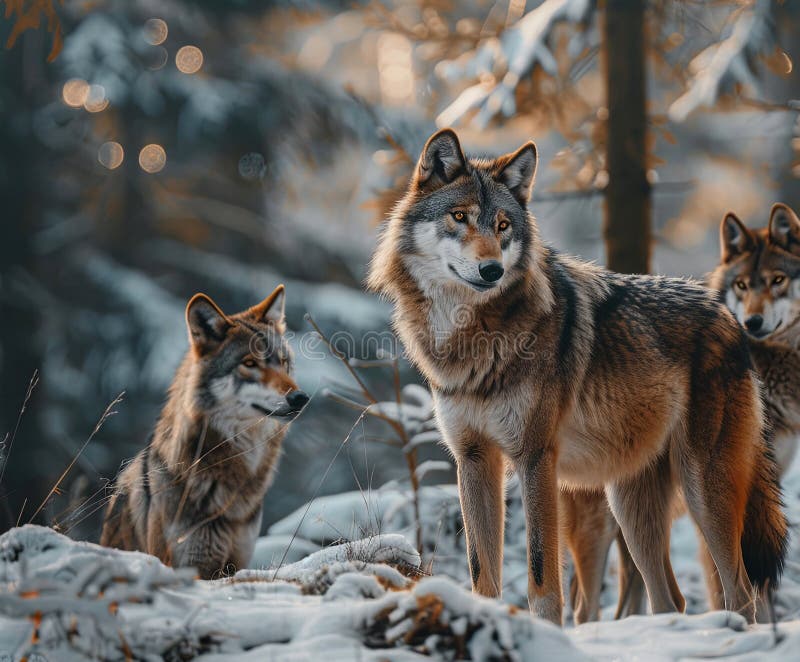 Three Wolves Standing in a Snowy Winter Forest Stock Illustration ...