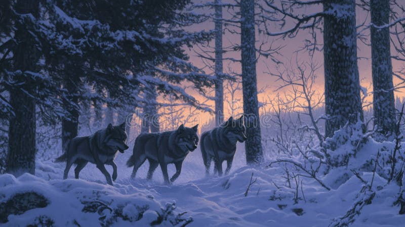 Three Wolves Traversing a Snowy Forest at Dusk Stock Illustration ...