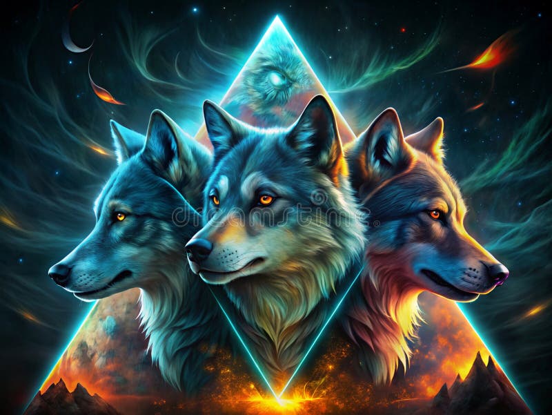 Three Wolves in Triangular Formation Against Cosmic Background Stock ...