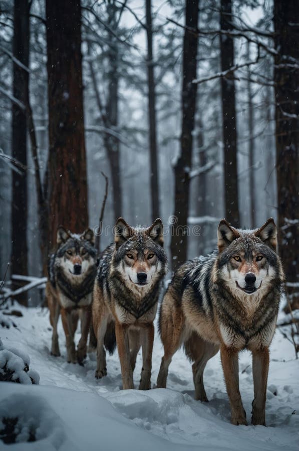 Three Wolves Walking through a Snowy Forest, Surrounded by Tall Trees ...